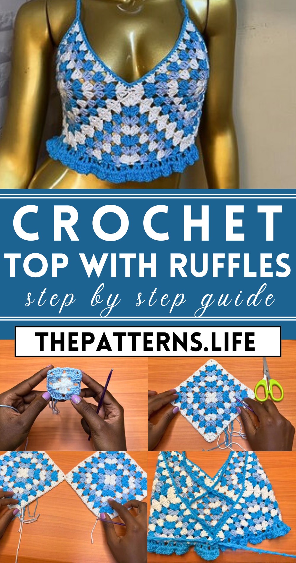 Crochet Granny Square With Ruffles Top Step By Step Pattern - The Patterns