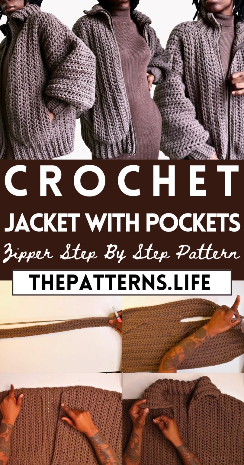 Loose Fit Crochet Jacket With Pockets & Zipper Pattern - The Patterns
